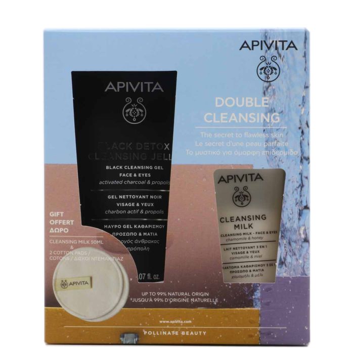 Apivita 3 en 1 Leche Limpiadora Cara y Ojos + Black Detox Pack Doble Limpieza | Farmasoler
